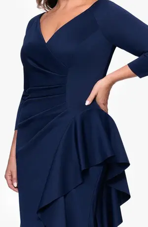 XSCAPE EVENINGS Ruched Scuba Knit Ruffle Gown - Midnight