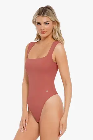 POPILUSH Cloudsense Sleeveless Square Neck Bodysuit - Deep Mahogany