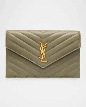 Saint Laurent Small Wallet On Chain In Quilted Leather - Strong Moss