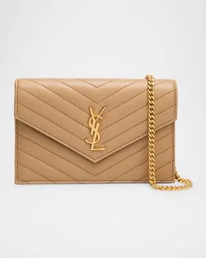 Saint Laurent Small Wallet On Chain In Quilted Leather - Tan Multi