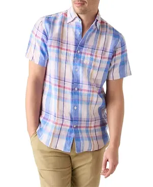 Robert Talbott Morgan Plaid Linen Short Sleeve Shirt - Pink Multi