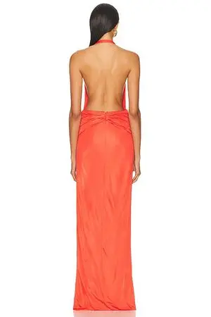 Retrofete Corralee Halterneck Maxi Dress With Plunging Neckline And Front Knot Accent - Geranium