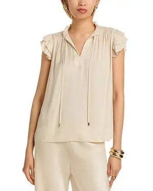T Tahari Flutter Sleeve Split Neck Airflow Blouse - French Beige