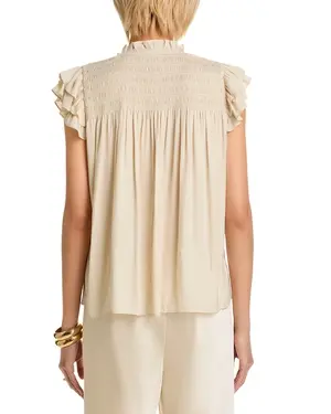 T Tahari Flutter Sleeve Split Neck Airflow Blouse - French Beige