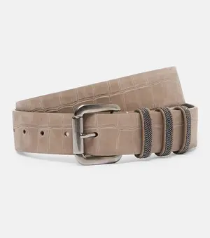 Brunello Cucinelli Monili Croc-effect Suede Belt - Beige