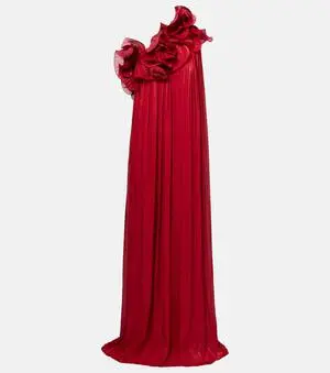 Costarellos Charmain Ruffled Georgette Lamé Gown - Red