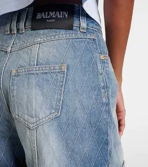 Balmain Quilted Diamond Pattern Denim Shorts