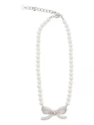 SELF-PORTRAIT Bow Pearl Necklace - Silver