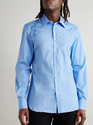Alexander McQueen Slim-fit Harness-detailed Stretch-cotton Shirt Uk/us 15 - Blue