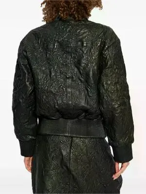 Munthe Embroidered Leather Bomber Jacket - Black