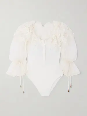 Chloé Embellished Lace-trimmed Cotton Bodysuit