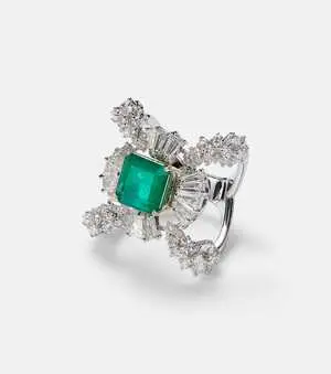 Yeprem 18kt White Gold Ring With Emerald And Diamonds - Silver