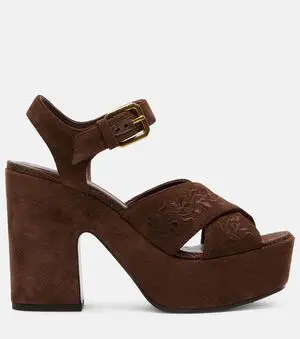 Etro Floral Embroidered Suede Platform Sandals