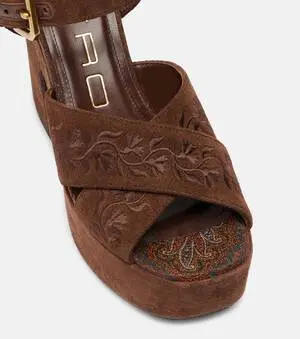 Etro Floral Embroidered Suede Platform Sandals