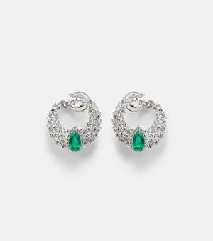 Yeprem Reign Supreme 18kt White Gold Hoop Earrings With Diamonds And Emeralds - Silver