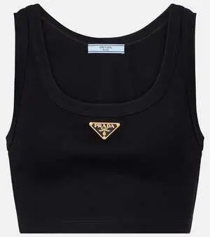 Prada Logo Cotton Crop Top - Black