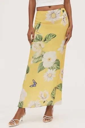 LEO LIN Floral Print Silk Maxi Skirt