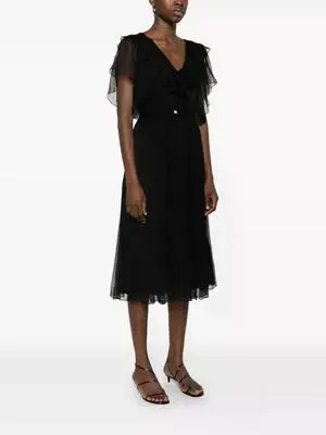 NISSA Floral-appliqué Silk Midi Dress - Black
