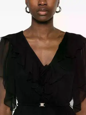 NISSA Floral-appliqué Silk Midi Dress - Black