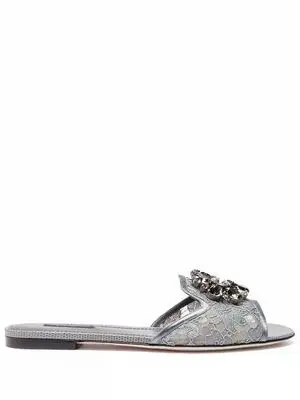 Dolce & Gabbana Bianca Crystal-embellished Lace Slides - Grey