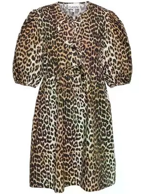 GANNI Leopard Print Cotton Mini Dress - Brown