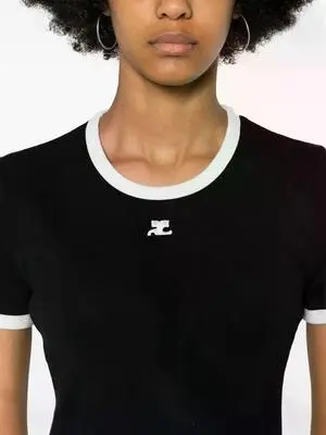 COURREGES Logo-patch Contrasting-trim T-shirt - Black