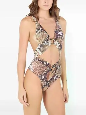 Roberto Cavalli Snake-print Cut-out One-piece Swimsuit - Brown
