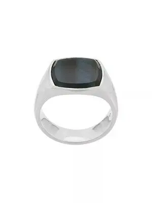Tom Wood Cushion Signet Ring In Sterling With Blue Hawk Eye - Silver