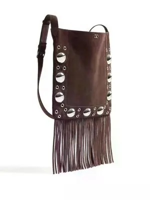 Valentino Garavani Nellcôte Suede Shoulder Bag With Studs And Fringe - Brown