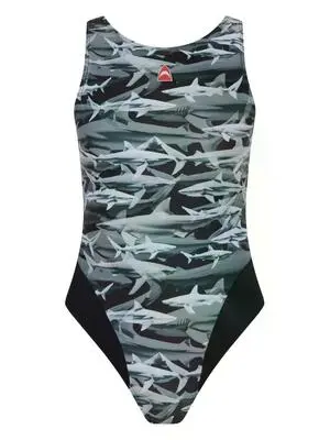 LET'S SWIM Shark-print Open Back One-piece Swimsuit - Grey