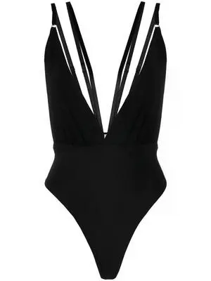 Alchemy Fashions Plunge V-neck Bodysuit With Strap Detailing - Black