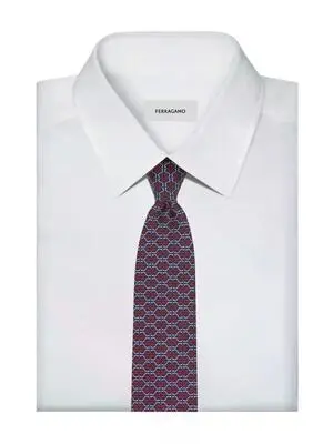 FERRAGAMO Pure Silk Gancini Motif Neck Tie - Blue