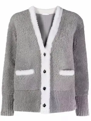 Thom Browne V-neck Contrast-trim Shearling Cardigan Jacket - Grey