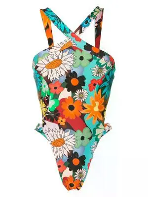 AMIR SLAMA Floral-print Open Back Swimsuit - Multicolour