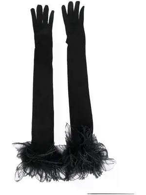 STYLAND Feather-trim Gloves - Black