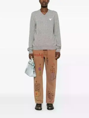 Play Comme Des Garcon V-neck Pullover With Signature Heart Patch - Grey