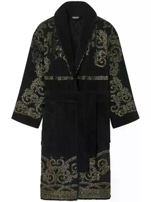 Versace Barocco-embroidered Belted Bath Robe - Black