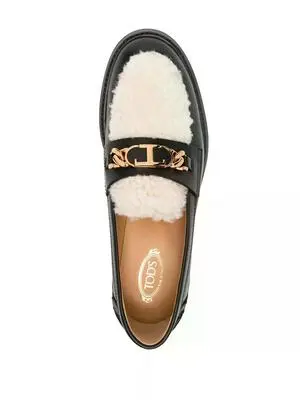TOD'S Shearling Panel Logo Chain Loafers - Black