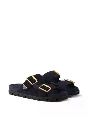 Prada Buckle Suede Slides