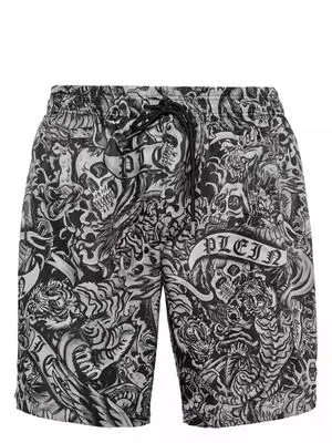 Philipp Plein Tattoo-print Drawstring Swim Shorts - Black