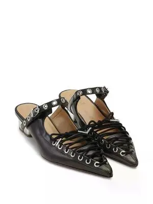 GANNI Lace-up Leather Mules With Silver-tone Block Heel - Black