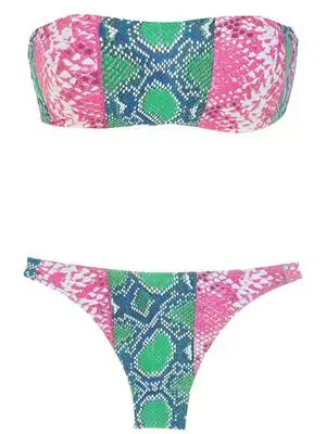AMIR SLAMA Snakeskin-print Strapless Bikini Set - Green