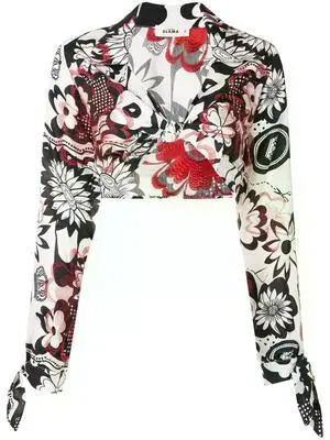 AMIR SLAMA Floral-print Cropped Blouse - Black