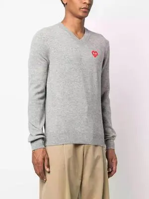 Play Comme Des Garcon V-neck Wool Jumper - Grey