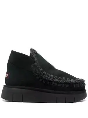 Mou Sheepskin Suede Ankle Boots With Crochet Trim - Black