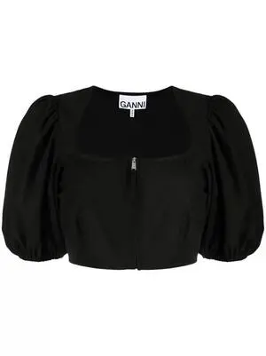 GANNI Cropped Puff-sleeve Blouse