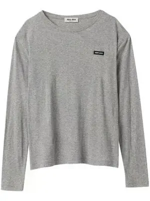Miu Miu Long Sleeve Ribbed Jersey T-shirt With Logo Patch - Grey
