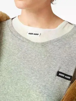 Miu Miu Long Sleeve Ribbed Jersey T-shirt With Logo Patch - Grey