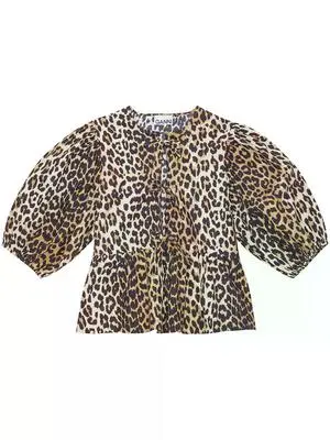 GANNI Leopard-print Organic-cotton Blouse - Brown