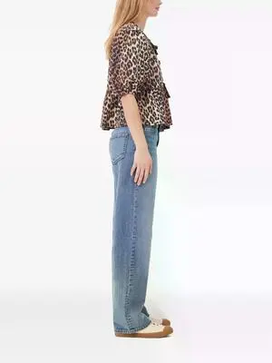 GANNI Leopard-print Organic-cotton Blouse - Brown
